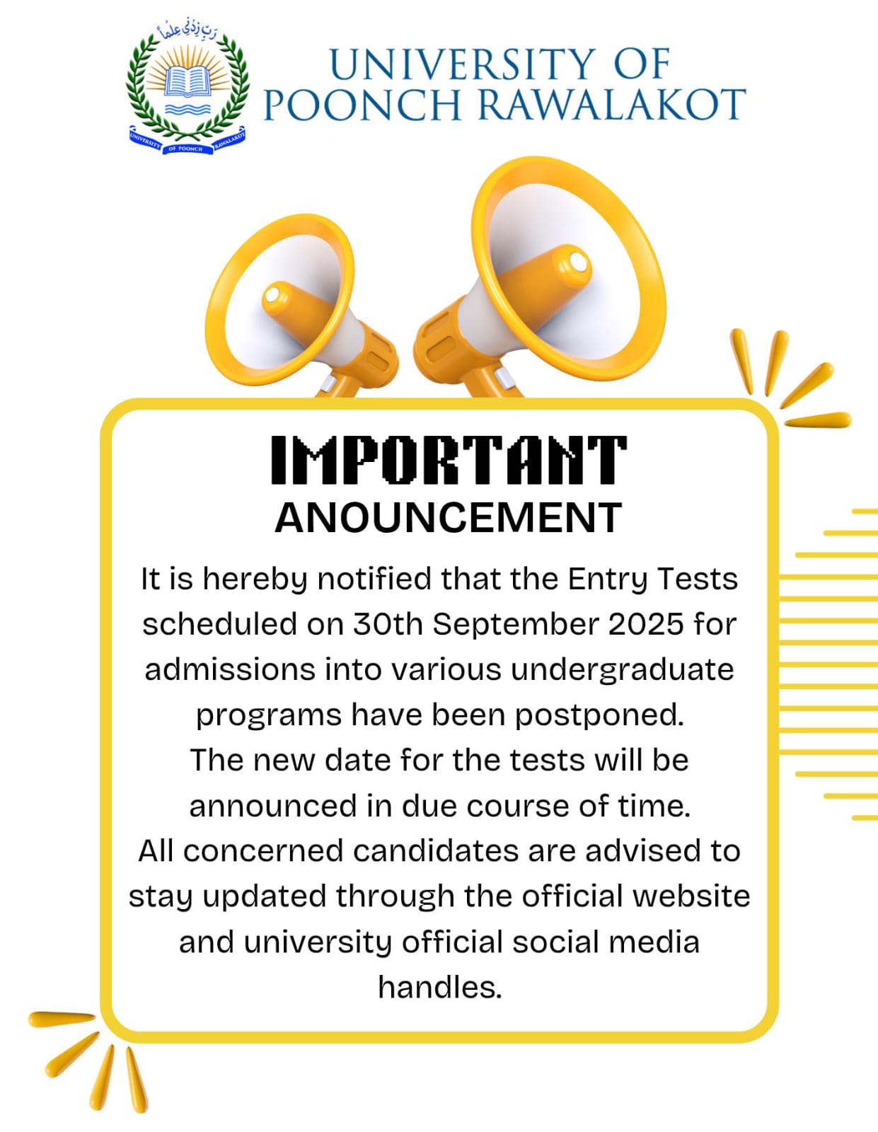 Important Anouncement- Entry Test Under Graduate Programs